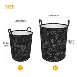 Gbuzozie 38L Round Laundry Hamper Video Game Controller Background Storage Basket Waterproof Coating Gaming Gadgets Organizer Bin For Nursery Clothes Toys