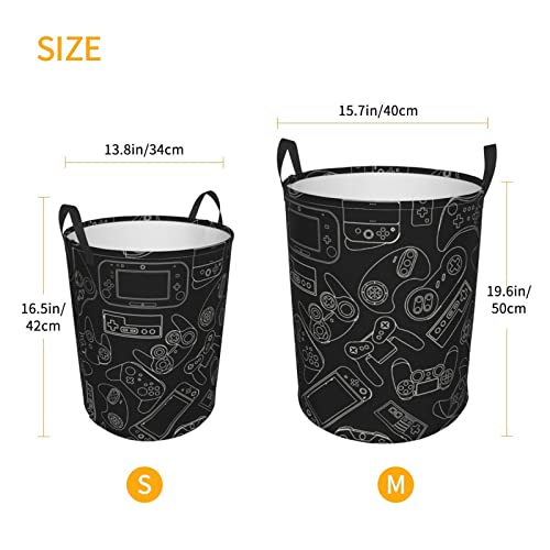 Gbuzozie 38L Round Laundry Hamper Video Game Controller Background Storage Basket Waterproof Coating Gaming Gadgets Organizer Bin For Nursery Clothes Toys