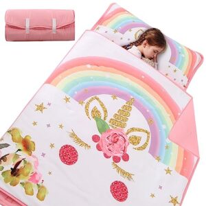 wowelife toddler sleeping bag unicorn toddler nap mat with removable pillow for boys girls daycare preschool kindergarten,carry handle with straps closure, 50 * 20 inch(pink)