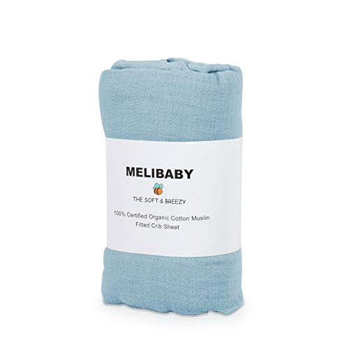 MELIBABY 100% Organic Cotton Muslin Crib Sheet|Soft & Breathable Crib Sheet Blue|Crib Mattress Sheet|Baby Bedding for Girl or Boy|Cotton Crib Sheet Organic Crib Sheet|Crib bedding, Toddler bed sheet