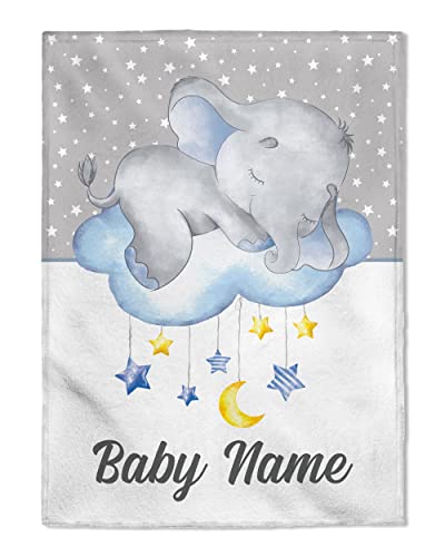 FLOCHIL Personalized Baby Blankets, Custom Baby Blanket - Baby Blanket with Name for Boy, Best Gift for Baby, Newborn Elephants Plush Fleece (30x40)