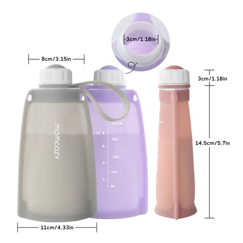 No Leak Momcozy Silicone Breastmilk Storage Bags, Reusable Breastmilk Freezer Storing Bags for Breastfeeding, 8.5oz/250ml Breast Milk Saver, Leakproof Baby Food Pouches, BPA Free (Gray, 5pcs)