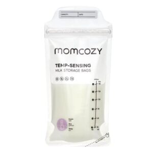 momcozy breastmilk storing bags, temp-sensing discoloration milk storing bags for breastfeeding, disposable milk storage bag with 6 ounce self standing, no-leak milk freezer storage pouches, 120pcs