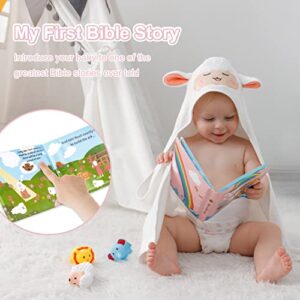 My First Noahs Ark 7 pcs Baptism Gift Set, Dedication, Christening and Baptism Gifts for Girl and Newborn Baby, Includes Bamboo Washcloth and Hooded Towel, Baby Bath Book, 3 Bath Toys and Gift Bag