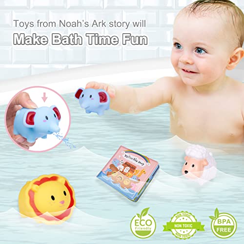 My First Noahs Ark 7 pcs Baptism Gift Set, Dedication, Christening and Baptism Gifts for Girl and Newborn Baby, Includes Bamboo Washcloth and Hooded Towel, Baby Bath Book, 3 Bath Toys and Gift Bag