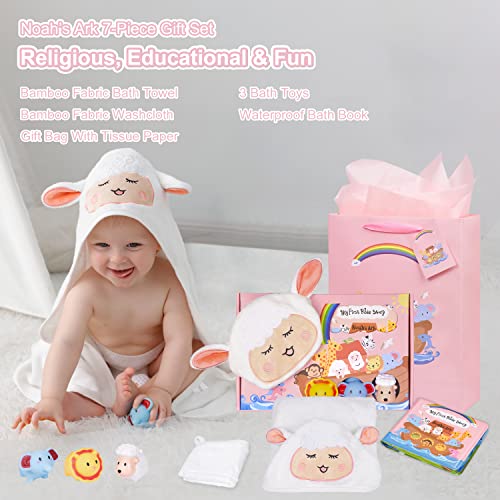 My First Noahs Ark 7 pcs Baptism Gift Set, Dedication, Christening and Baptism Gifts for Girl and Newborn Baby, Includes Bamboo Washcloth and Hooded Towel, Baby Bath Book, 3 Bath Toys and Gift Bag