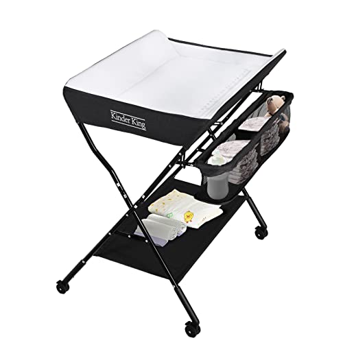 Kinder King Portable Baby Changing Table w/Wheels, Adjustable Height Folding Infant Diaper Station, Mobile Newborn Nursery Organizer, Large Storage Rack, Black