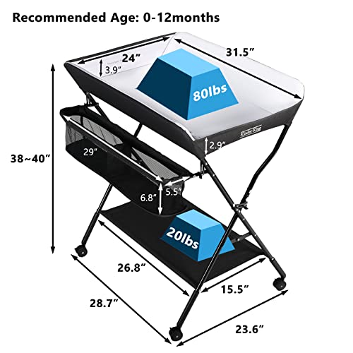 Kinder King Portable Baby Changing Table w/Wheels, Adjustable Height Folding Infant Diaper Station, Mobile Newborn Nursery Organizer, Large Storage Rack, Black