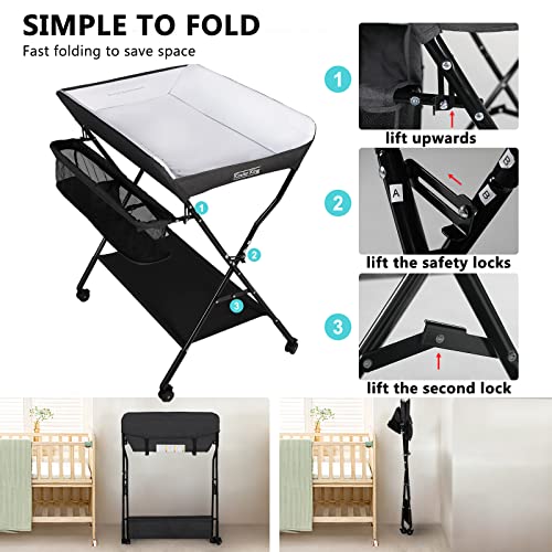 Kinder King Portable Baby Changing Table w/Wheels, Adjustable Height Folding Infant Diaper Station, Mobile Newborn Nursery Organizer, Large Storage Rack, Black