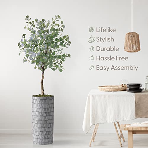 Artificial Tree in Modern Triangle Pattern Planter, Fake Eucalyptus Silk Tree for Indoor and Outdoor Home Decoration - 66" Overall Tall (Plant Pot Plus Tree)