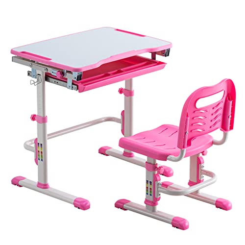 Desks and Chair Set Height Tilt Desktop Adjustable Table with Hook and Storage Drawer for Boy and Girls, White Pink