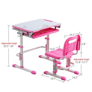 Desks and Chair Set Height Tilt Desktop Adjustable Table with Hook and Storage Drawer for Boy and Girls, White Pink