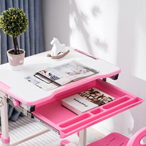 Desks and Chair Set Height Tilt Desktop Adjustable Table with Hook and Storage Drawer for Boy and Girls, White Pink