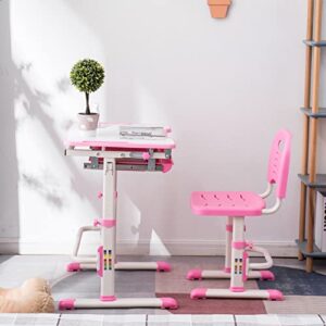 Desks and Chair Set Height Tilt Desktop Adjustable Table with Hook and Storage Drawer for Boy and Girls, White Pink