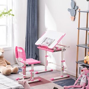 Desks and Chair Set Height Tilt Desktop Adjustable Table with Hook and Storage Drawer for Boy and Girls, White Pink