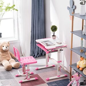 Desks and Chair Set Height Tilt Desktop Adjustable Table with Hook and Storage Drawer for Boy and Girls, White Pink