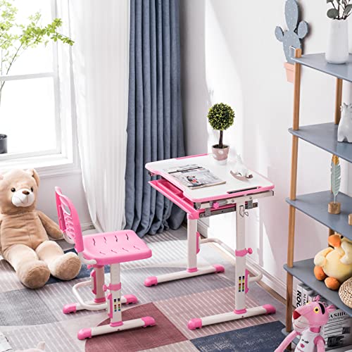 Desks and Chair Set Height Tilt Desktop Adjustable Table with Hook and Storage Drawer for Boy and Girls, White Pink