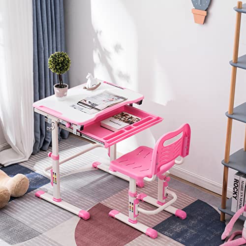 Desks and Chair Set Height Tilt Desktop Adjustable Table with Hook and Storage Drawer for Boy and Girls, White Pink