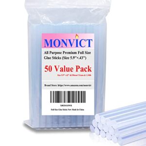 monvict hot glue sticks, pack of 50 (1.54 lb) 6"long 0.43" diameter full-size hot glue gun sticks art glues pastes hot melt sticks for most large glue guns, clear glue sticks for diy, arts & crafts