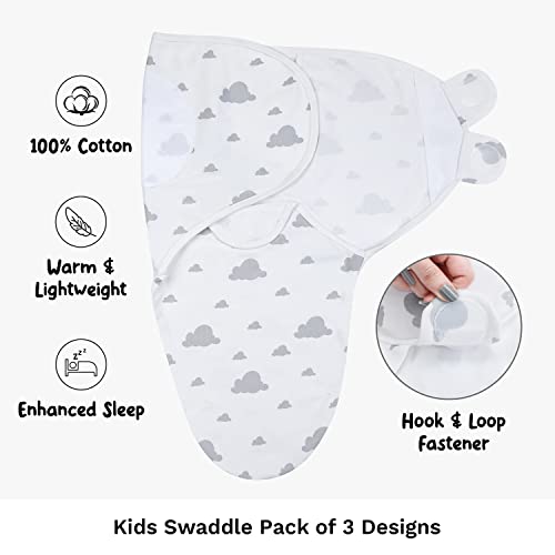 ikads Baby Swaddle 0-3 Months 100% Cotton Swaddles for Newborns - Small/Medium 3-Pack Wearable Baby Wrap Swaddle Blanket with Adjustable Hooks & Loop - Easy to Use Sleep Sack (Grey)