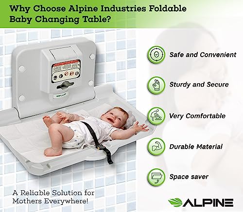 Alpine Wall Mounted Baby Changing Station - Horizontal Baby Changing Table Foldable Diaper Tables with Safety Strap for Commercial Bathroom, ADA Compliant (Hardware Included) White Gray