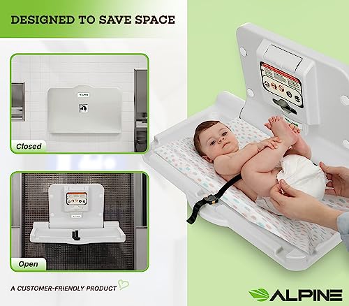 Alpine Wall Mounted Baby Changing Station - Horizontal Baby Changing Table Foldable Diaper Tables with Safety Strap for Commercial Bathroom, ADA Compliant (Hardware Included) White Gray