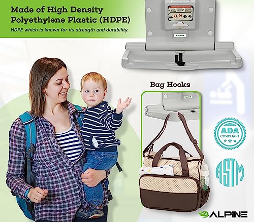 Alpine Wall Mounted Baby Changing Station - Horizontal Baby Changing Table Foldable Diaper Tables with Safety Strap for Commercial Bathroom, ADA Compliant (Hardware Included) White Gray