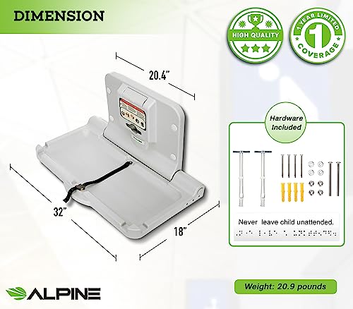 Alpine Wall Mounted Baby Changing Station - Horizontal Baby Changing Table Foldable Diaper Tables with Safety Strap for Commercial Bathroom, ADA Compliant (Hardware Included) White Gray