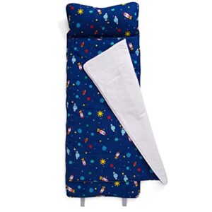 delta children nap mat with included pillow and blanket for toddlers and kids; features carry handle with strap closure and name tag; rollup design is ideal for preschool and daycare, space