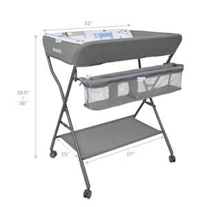 Baby Changing Table with Wheels, Maydolly Portable Adjustable Height Folding Diaper Station with Nursery Organizer & Storage Rack for Newborn Baby and Infant, Grey Pattern