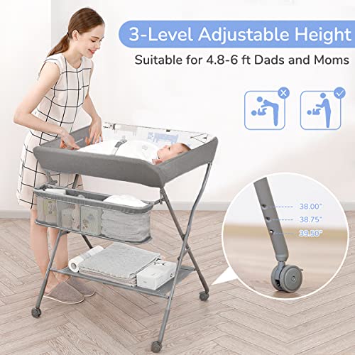 Baby Changing Table with Wheels, Maydolly Portable Adjustable Height Folding Diaper Station with Nursery Organizer & Storage Rack for Newborn Baby and Infant, Grey Pattern