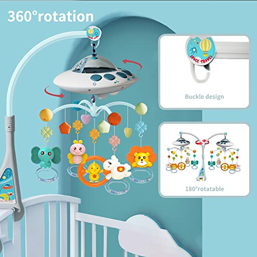 Lcasio Baby Musical Crib Mobile with Night Lights and Relaxing Music,Hanging Rotating Animals Rattles,Stars Projection,Remote Control,for Boy Girl Newborn Baby Toys（Blue）