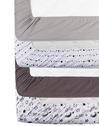 FIGEPO 4 Pack Star and Moon Neutral Unisex Fitted Baby Crib Sheets Set for Baby Boys or Girls (White)