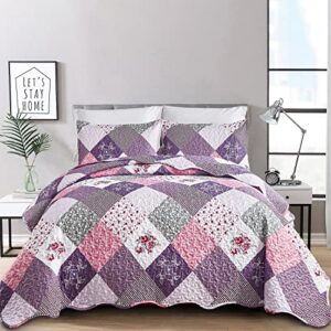 dinjoy purple quilt set queen size, reversible floral plaid patchwork pattern bedding set soft microfiber lightweight bedspread coverlet 3 piece spring summer use (90x90 inches)