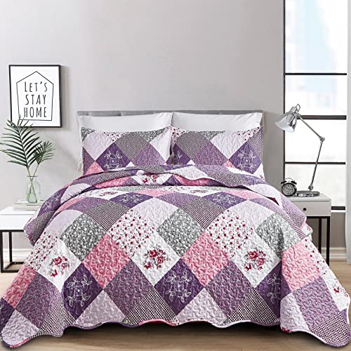 Dinjoy Purple Quilt Set Queen Size, Reversible Floral Plaid Patchwork Pattern Bedding Set Soft Microfiber Lightweight Bedspread Coverlet 3 Piece Spring Summer Use (90x90 inches)