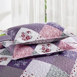 Dinjoy Purple Quilt Set Queen Size, Reversible Floral Plaid Patchwork Pattern Bedding Set Soft Microfiber Lightweight Bedspread Coverlet 3 Piece Spring Summer Use (90x90 inches)