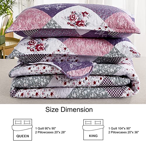 Dinjoy Purple Quilt Set Queen Size, Reversible Floral Plaid Patchwork Pattern Bedding Set Soft Microfiber Lightweight Bedspread Coverlet 3 Piece Spring Summer Use (90x90 inches)