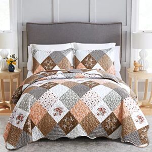 dinjoy floral plaid patchwork quilt set king size, reversible brown bedding set soft microfiber lightweight bedspread coverlet 3 piece spring summer use (104x90 inches)