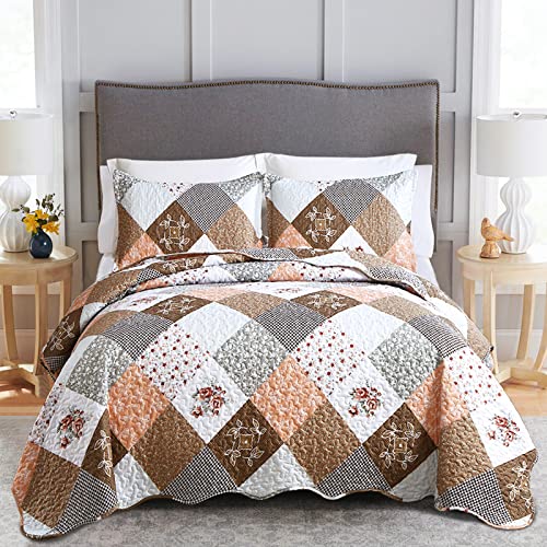 Dinjoy Floral Plaid Patchwork Quilt Set King Size, Reversible Brown Bedding Set Soft Microfiber Lightweight Bedspread Coverlet 3 Piece Spring Summer Use (104x90 inches)