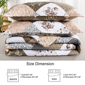 Dinjoy Floral Plaid Patchwork Quilt Set King Size, Reversible Brown Bedding Set Soft Microfiber Lightweight Bedspread Coverlet 3 Piece Spring Summer Use (104x90 inches)