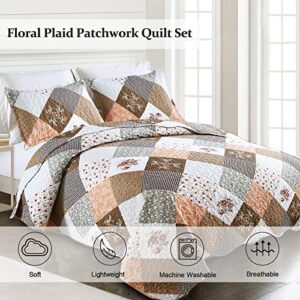 Dinjoy Floral Plaid Patchwork Quilt Set King Size, Reversible Brown Bedding Set Soft Microfiber Lightweight Bedspread Coverlet 3 Piece Spring Summer Use (104x90 inches)