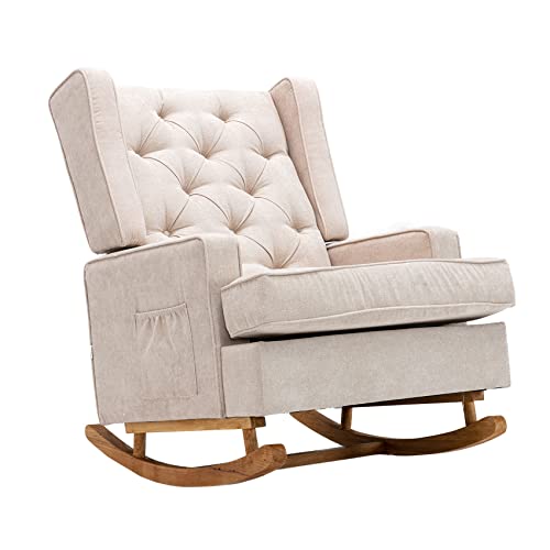 Dolonm Nursery Rocking Chair Upholstered Mid Century Modern Rocker Oversized Wingback Armchair for Living Room with Solid Wood Base (Beige)