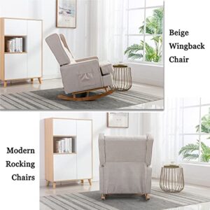 Dolonm Nursery Rocking Chair Upholstered Mid Century Modern Rocker Oversized Wingback Armchair for Living Room with Solid Wood Base (Beige)