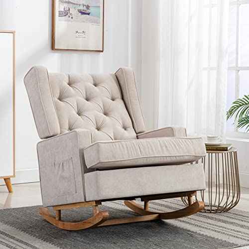 Dolonm Nursery Rocking Chair Upholstered Mid Century Modern Rocker Oversized Wingback Armchair for Living Room with Solid Wood Base (Beige)