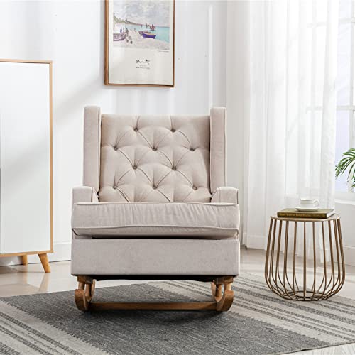 Dolonm Nursery Rocking Chair Upholstered Mid Century Modern Rocker Oversized Wingback Armchair for Living Room with Solid Wood Base (Beige)