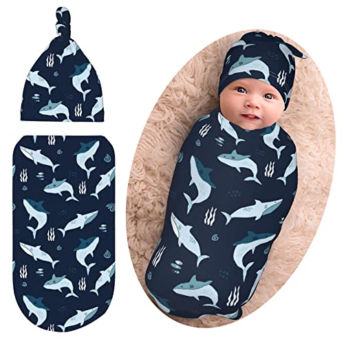 Sharks Ocean Baby Stuff Newborn Swaddle Blanket Animal Baby Wrap Receiving Blanket Soft Sleep Sacks with Beanie Hat Sets Gifts for Infant Boy Girl Baby Shower