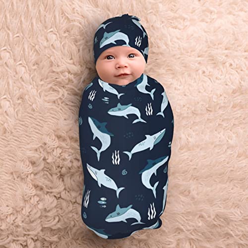 Sharks Ocean Baby Stuff Newborn Swaddle Blanket Animal Baby Wrap Receiving Blanket Soft Sleep Sacks with Beanie Hat Sets Gifts for Infant Boy Girl Baby Shower