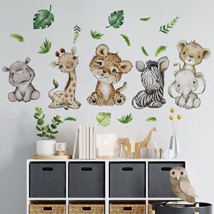 yovkky watercolor baby safari animals wall decals stickers, african jungle elephant zebra giraffe hippo lion leopard cheetah kids room nursery decor, neutral palm leaf crib decorations bedroom art