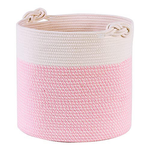 Pink Storage Basket, Woven Cotton Rope Basket 15" x 15" x 13.8" Laundry Hamper Blanket Basket with Handle for Baby Girl Toy Cloth Organizing