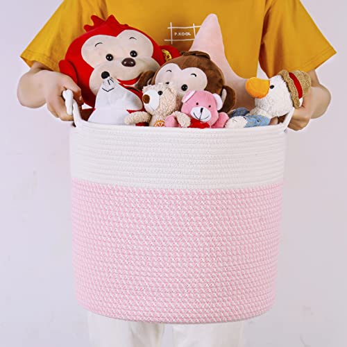 Pink Storage Basket, Woven Cotton Rope Basket 15" x 15" x 13.8" Laundry Hamper Blanket Basket with Handle for Baby Girl Toy Cloth Organizing